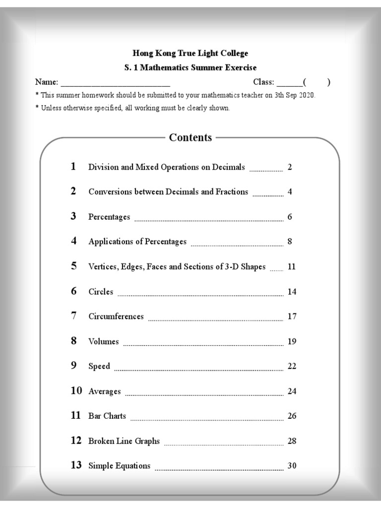 S. 1 Mathematics Summer Exercise | PDF
