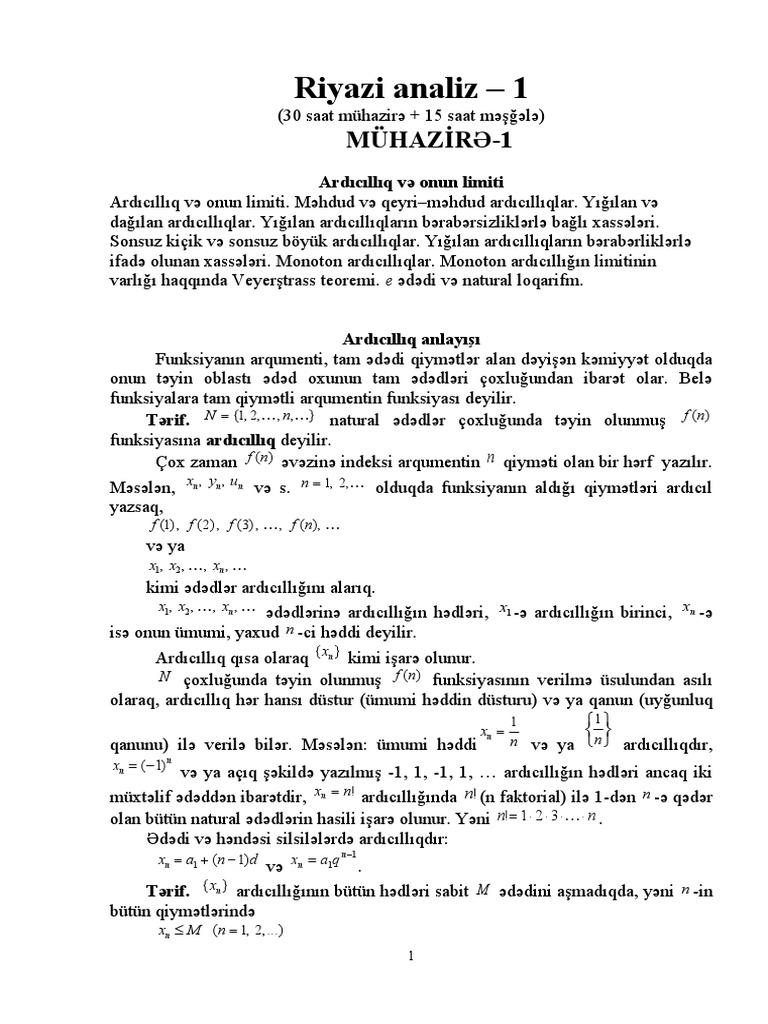 Riyazi Analiz 1 Mühazirələr | PDF