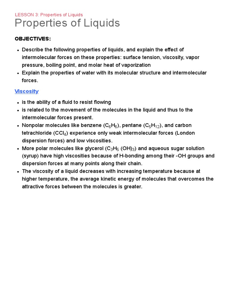Properties of Liquids Explained Through Intermolecular Forces | PDF | Liquids | Pressure