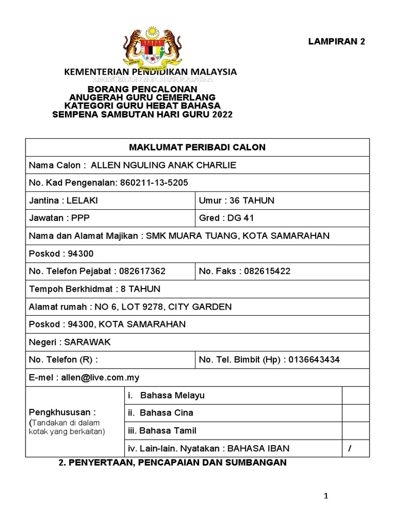 Lampiran 2 - Borang Pencalonan Agckghb 2022 | PDF