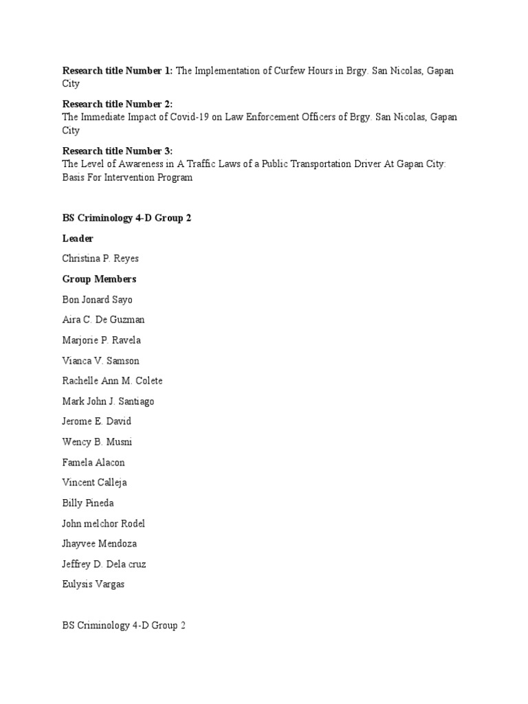 Research Title and Group Members For Print | PDF