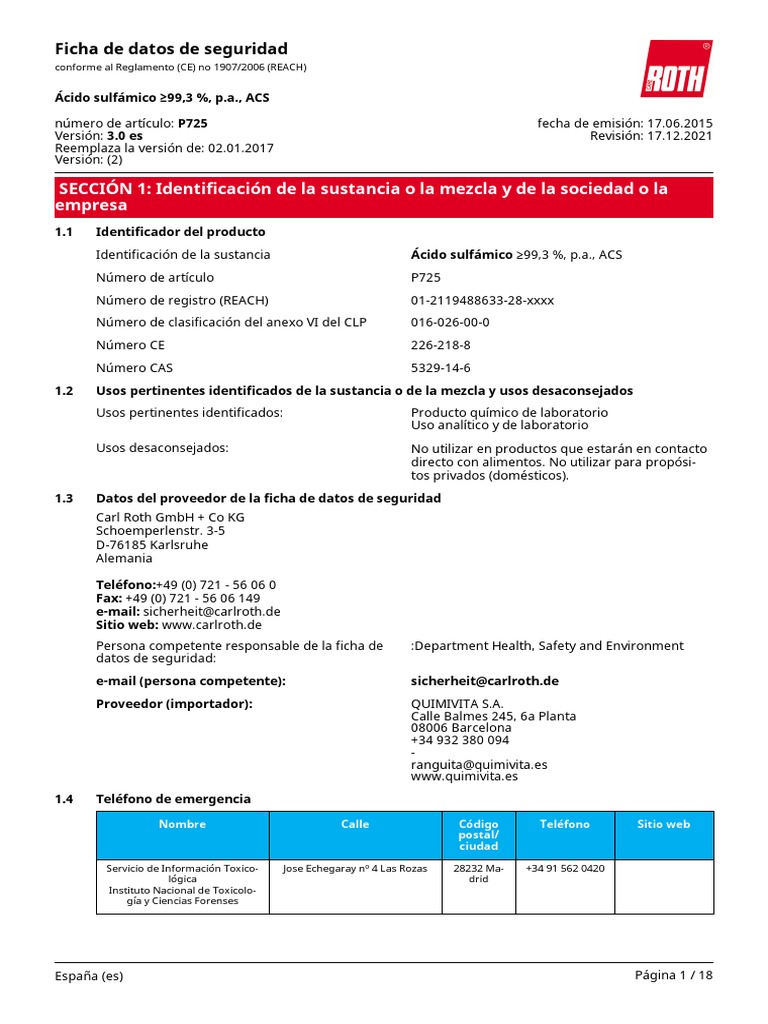 Acido Sulfamico Msds | PDF | Agua | Toxicidad
