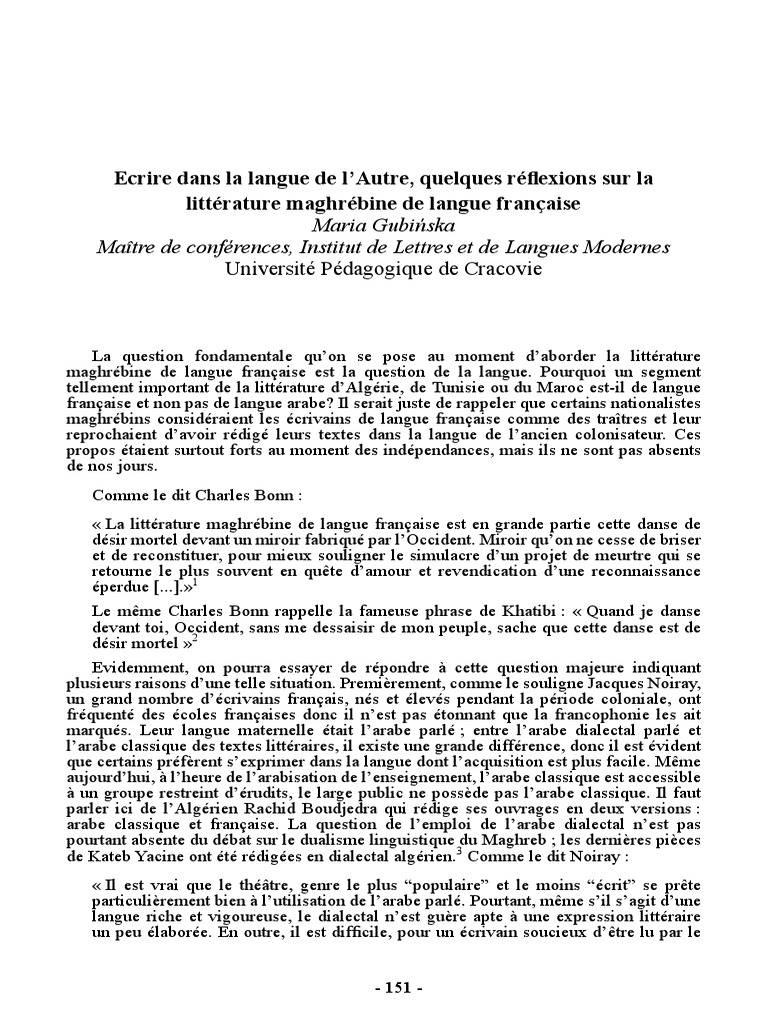 Littérature maghrébine et langue française | PDF