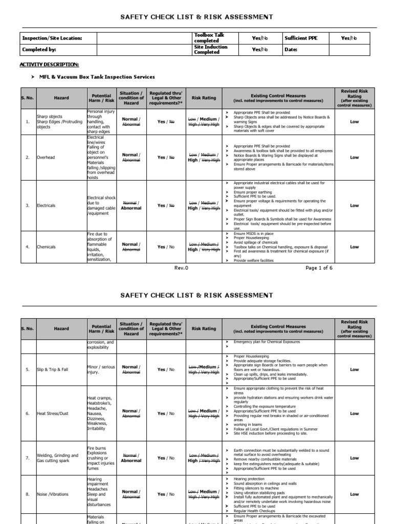 Safety Checklist & Risk Assessments (Tank Inspection) - Rev.0 | PDF