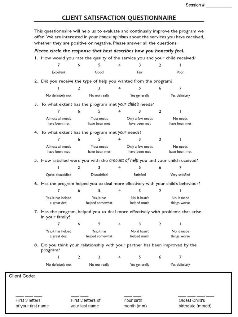 Client Satisfaction Questionnaire Overview | PDF | Questionnaire ...