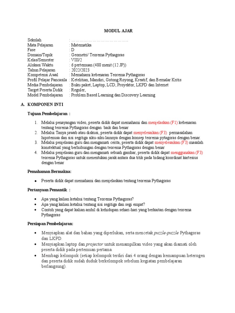 Modul Ajar Teorema Pythagoras Kelas 8 | PDF