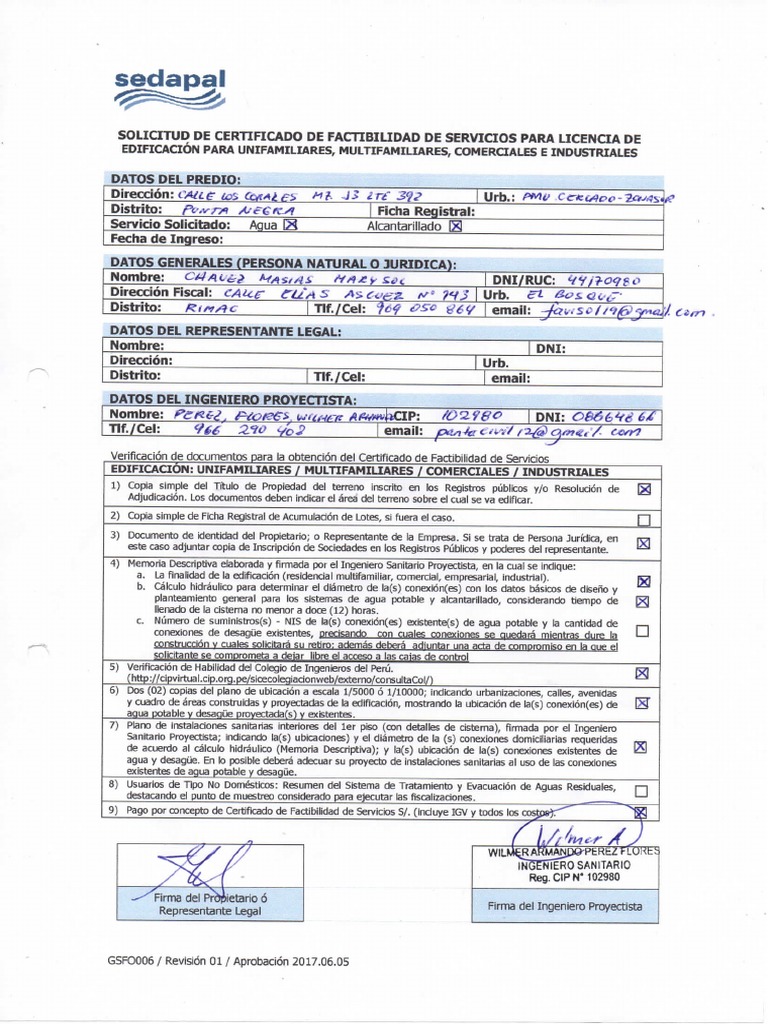 1.0. Solicitud Factibilidad de Servicios Sedapal - Llenada | PDF 1.0. Solicitud Factibilidad de Servicios Sedapal - Llenada | PDF