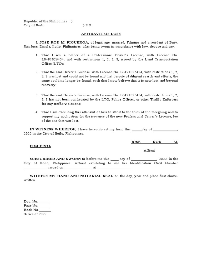 Affidavit of Loss-Rod | PDF