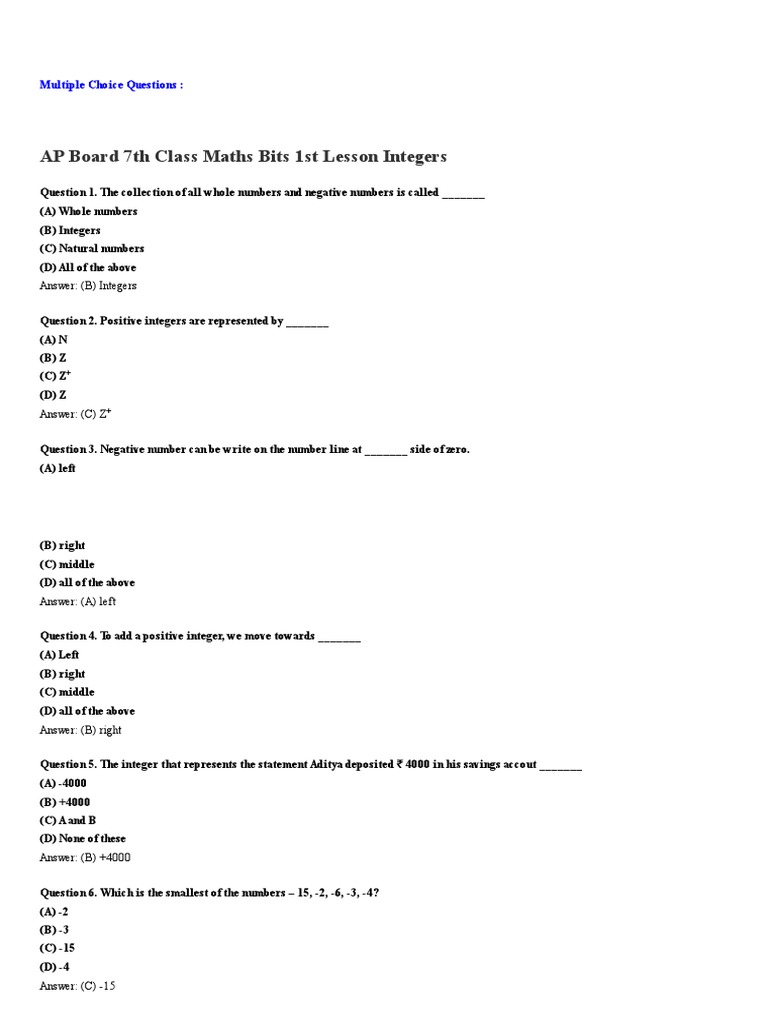 AP 7th Class Maths Bits 1st Lesson Integers - AP Board Solutions | PDF ...