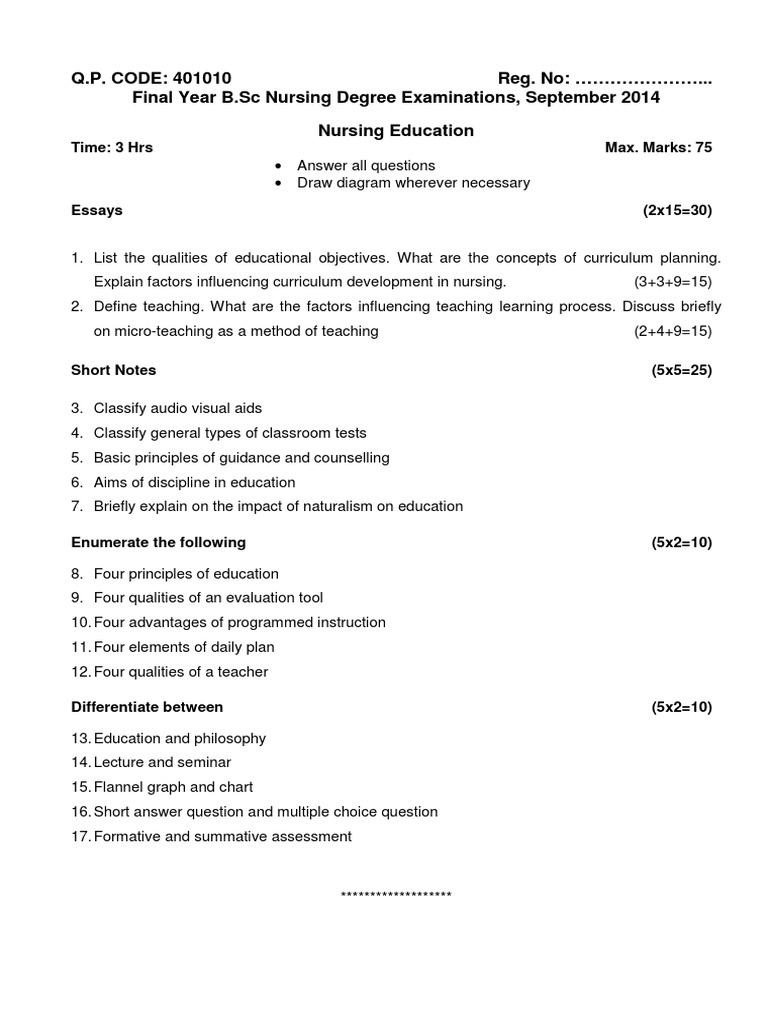 B.Sc Nursing Education Exam Paper 2014 | PDF