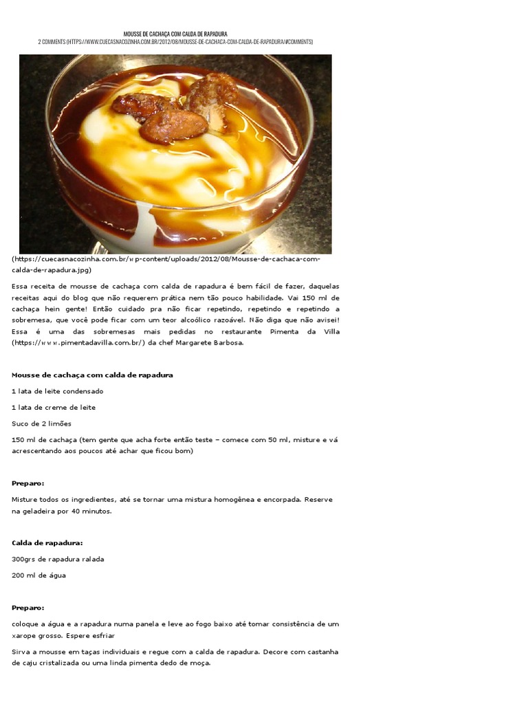 Mousse de Cachaça Com Calda de Rapadura - Cuecas Na Cozinha Por Ale ...