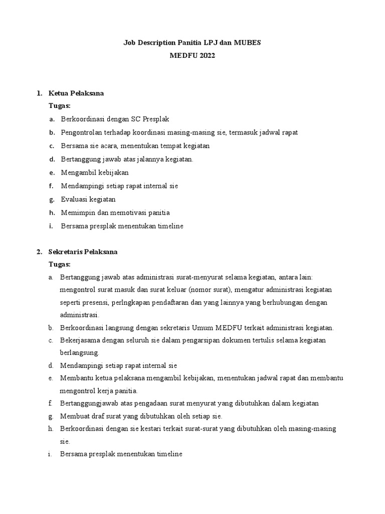 Jobdes Panitia LPJ Dan Mubes 2022 | PDF