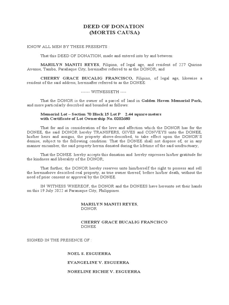 Deed of Donation - Mortis Causa | PDF | Law And Economics | Civil Law ...