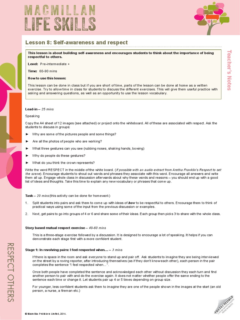 Life Skills Lesson 8 SelfAwareness Respect Lesson | PDF | Self ...