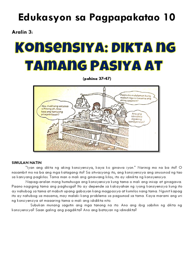 ESP 10 Aralin 3 Dikta NG Tamang Pasiya at Kilos | PDF