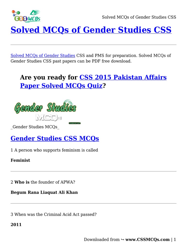 Solved MCQs of Gender Studies CSS | PDF