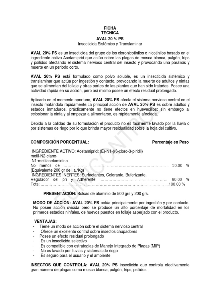 Ficha Técnica Insecticida AVAL 20% PS | PDF | Insecticida | Insectos