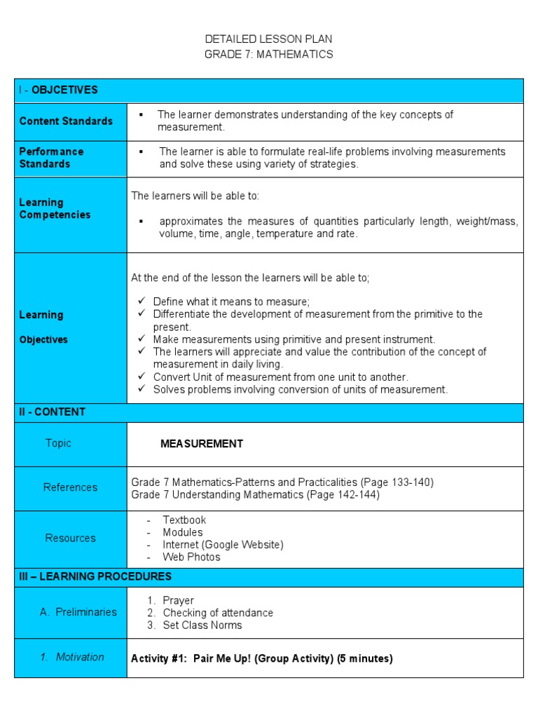 Detailed Lesson Plan Final | Download Free PDF | Measurement | Gallon