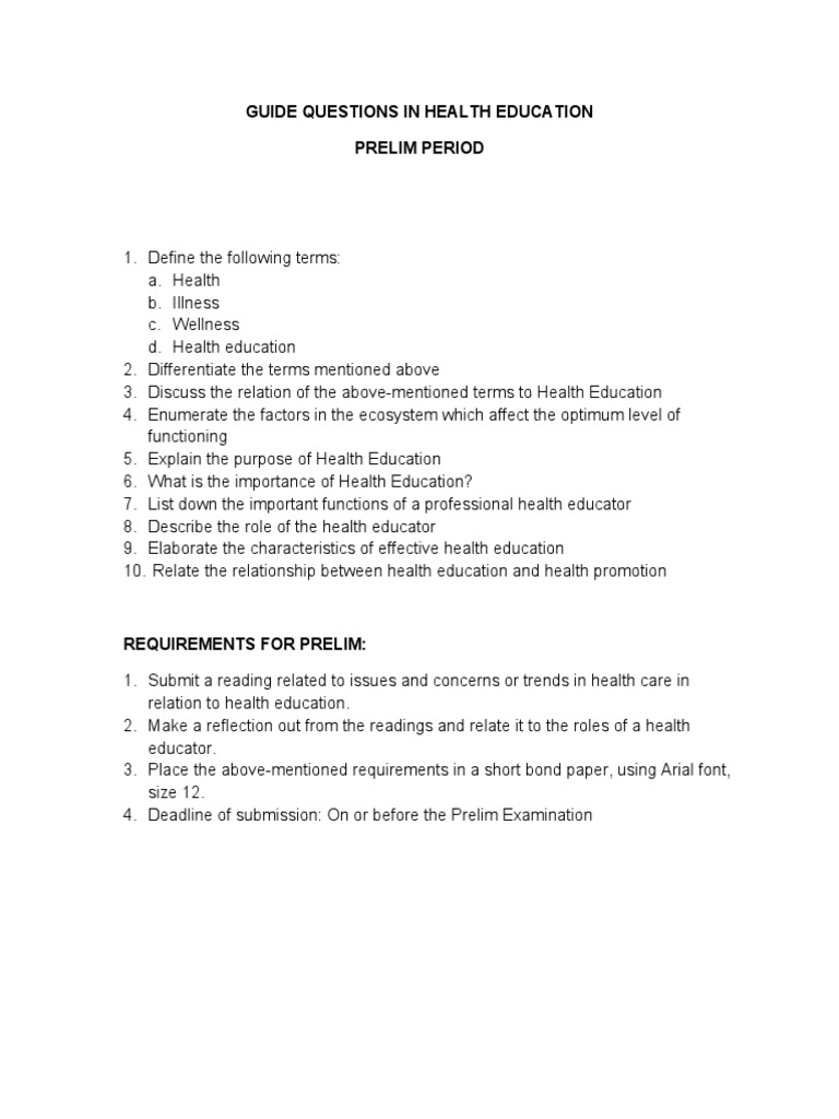 Guide Questions in Health Education Prelim | PDF
