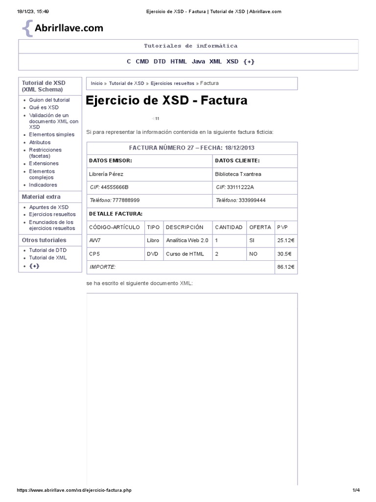 Ejercicio de XSD - Factura _ Tutorial de XSD _ Abrirllave.com | PDF | Xml | Informática