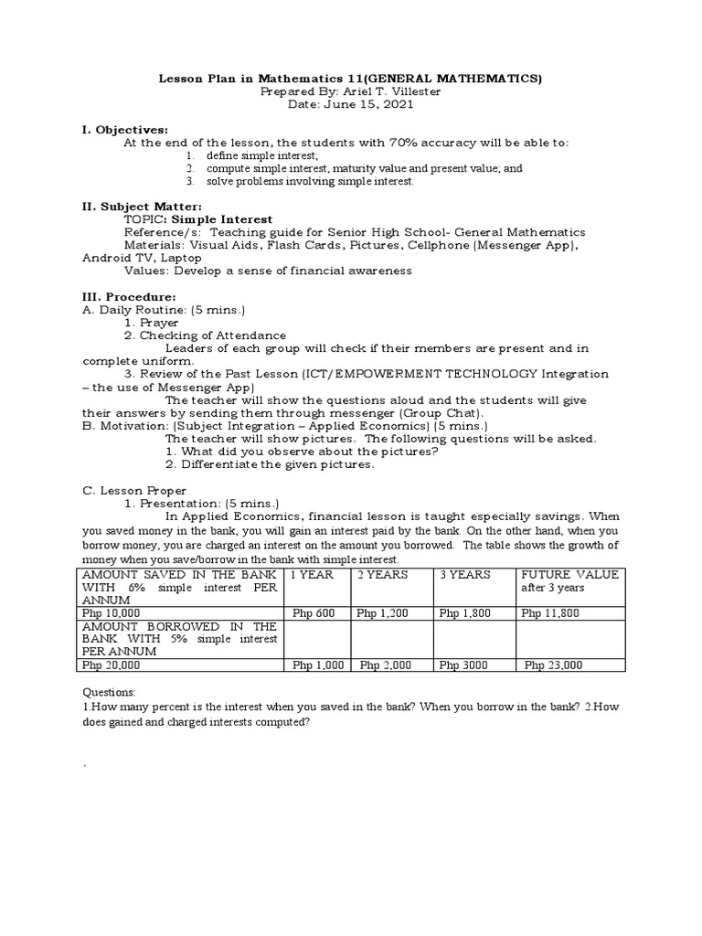 Lesson Plan in Mathematics 8 | PDF | Interest | Debt