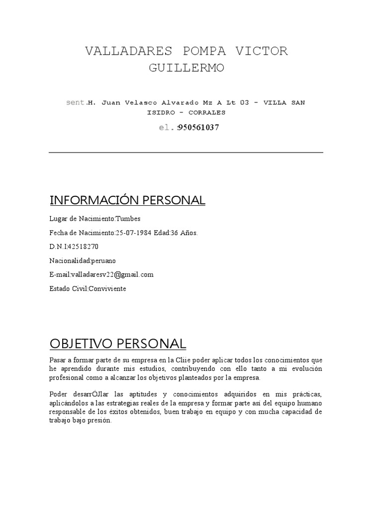 Curriculo Victor Guillermo Valladares Pompa | PDF