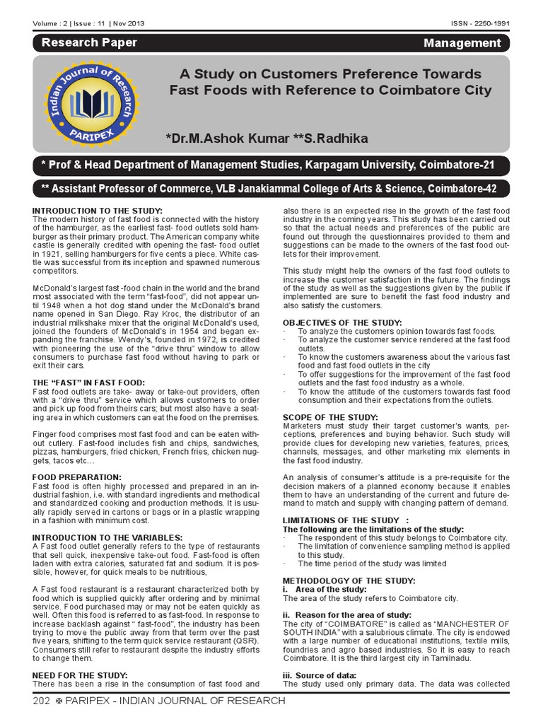 A Study On Customers Preference Towards Fast Foods With Reference To Coimbatore City November ...