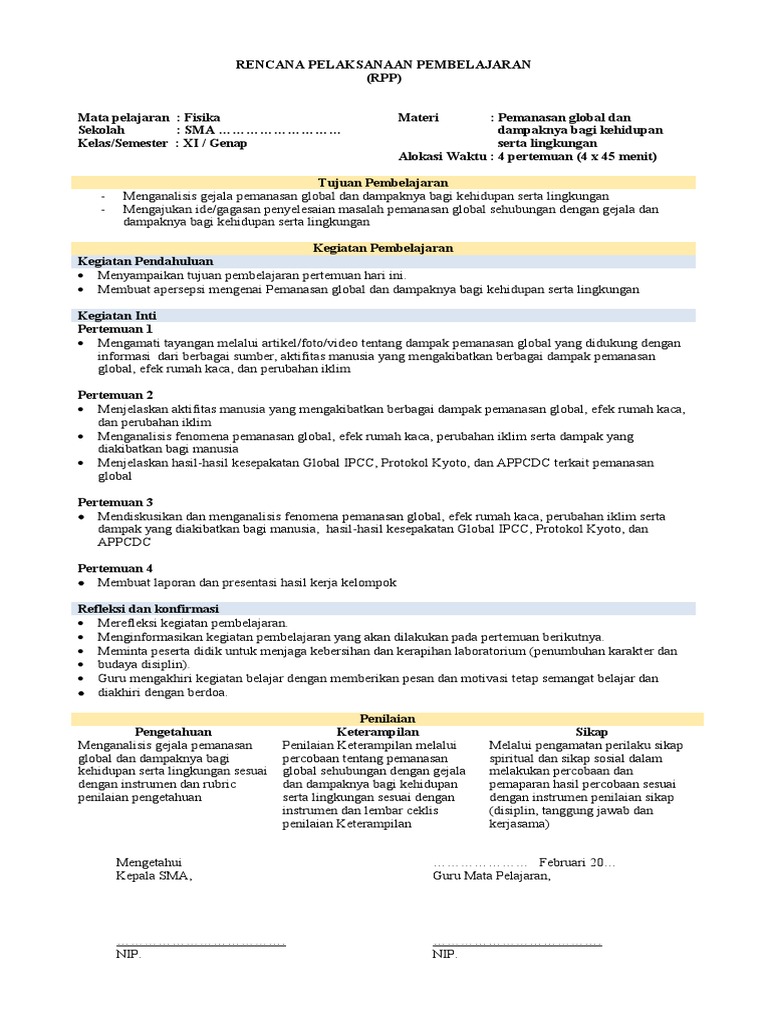 RPP Pemanasan Global Dan Dampaknya Bagi Kehidupan Serta Lingkungan | PDF