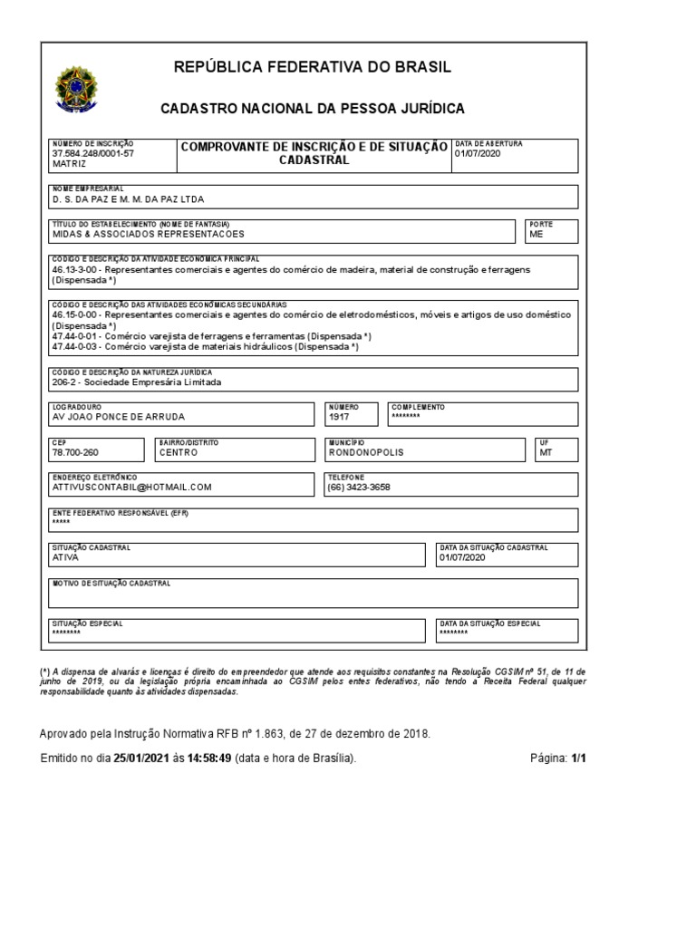 CARTÃO CNPJ - Atualizado 25-01-21 | PDF | Governo