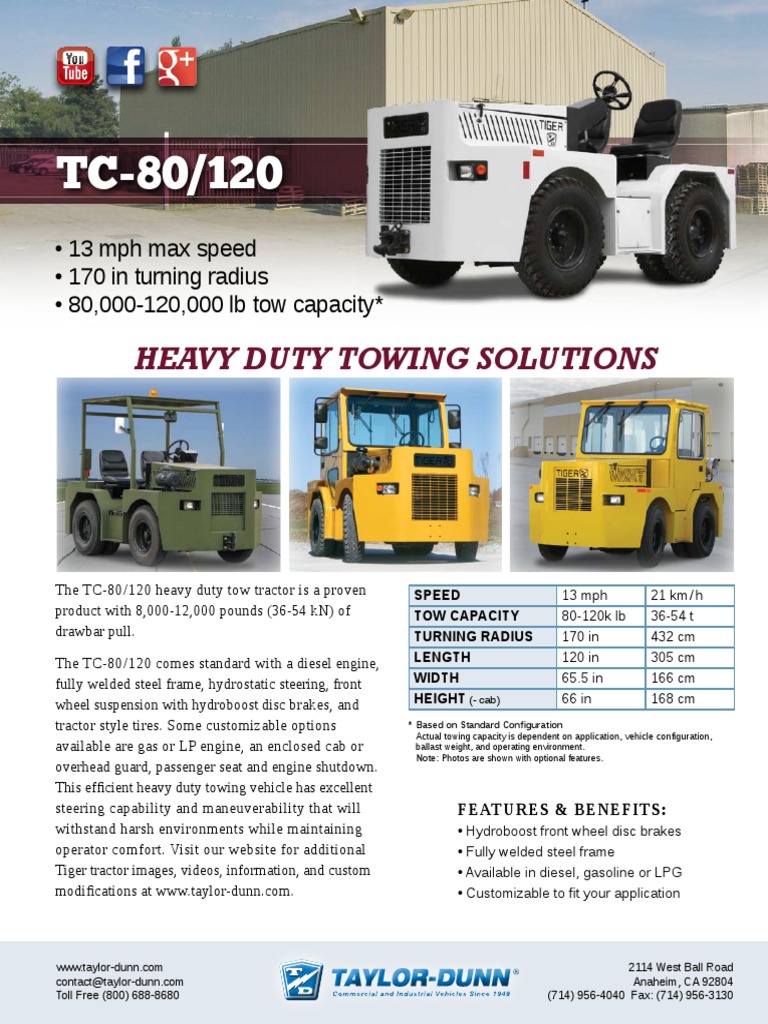 TC-80/120 Heavy Duty Tow Tractor Specs | PDF | Truck | Tractor