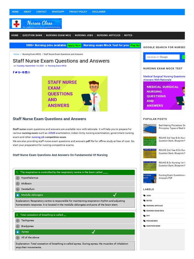 Staff Nurse Exam Questions and Answers Nurses Class | PDF | Test ...