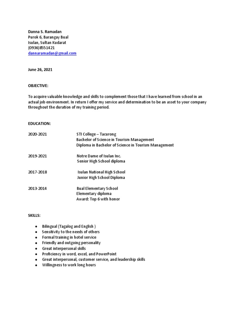 Danna Ramadan's Tourism Management Resume | PDF | Career & Growth