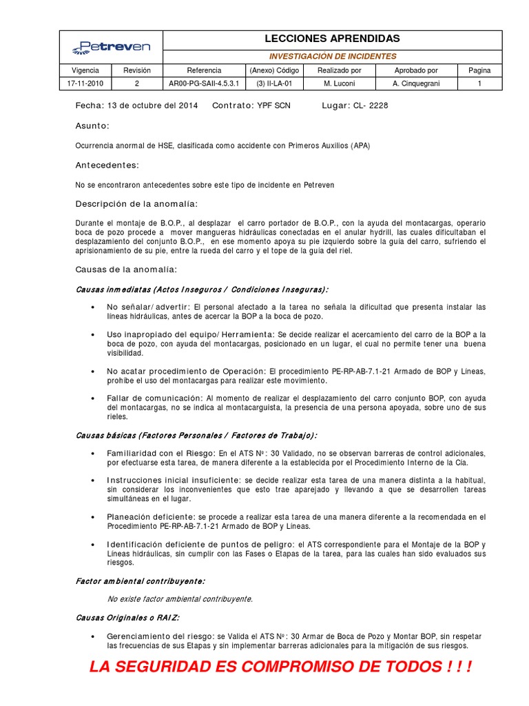 Lecciones Aprendidas Aprisionamiento de Pie en Riel de La BOP 13-10-14 ...