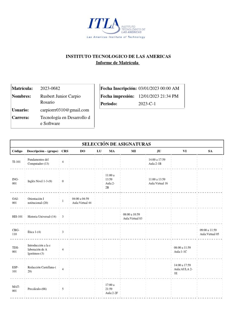 Horario Del Itla | PDF