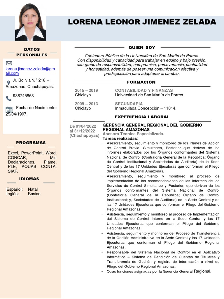 CV LORENA JIMENEZ ZELADA Actualizado Chachapoyas | PDF | Contabilidad | Contador