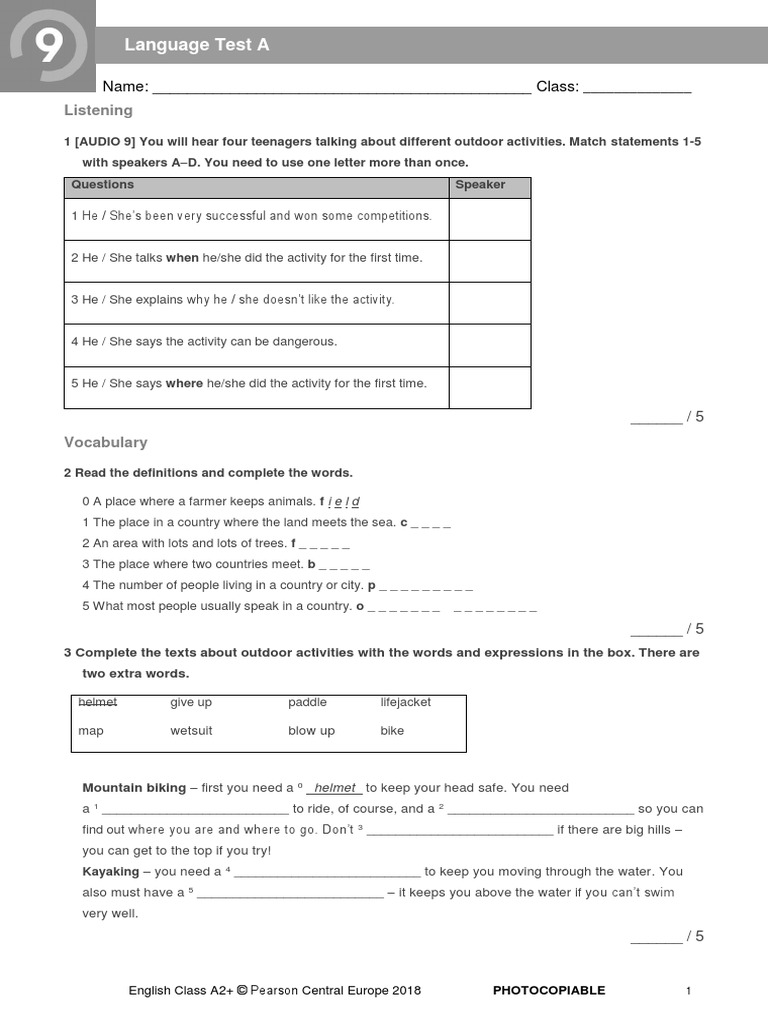ECA2+ Tests Language Test 9A 2018 | PDF