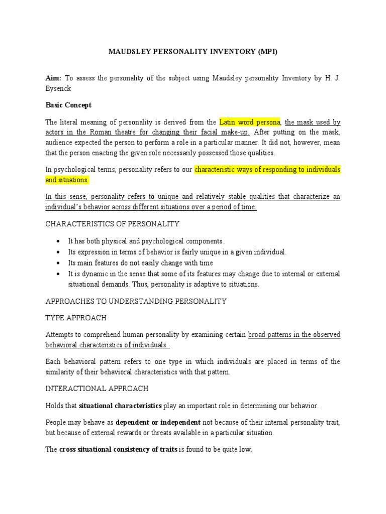 Maudsley Personality Inventory (Mpi) Aim: To Assess The Personality of ...