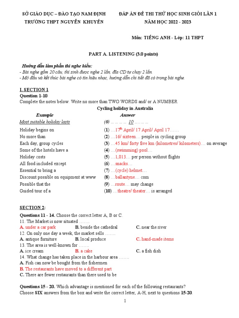 ĐÁP ÁN HSG 11 LẦN 1 2022-2023 | PDF | Vitamin | Foods