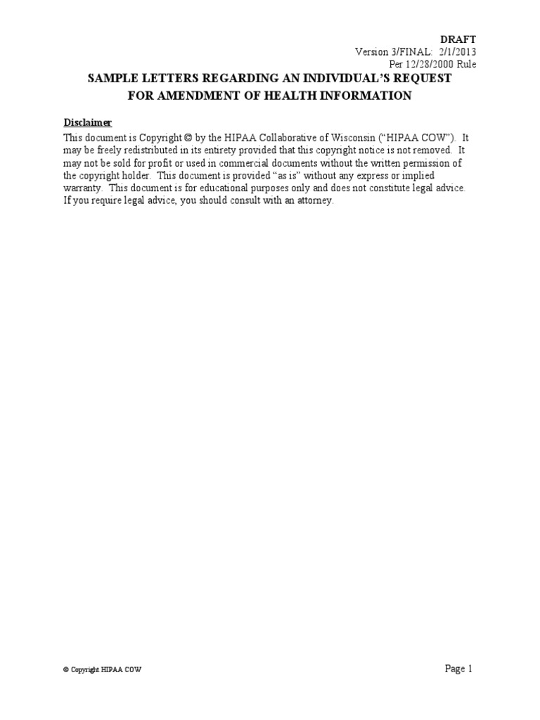 Sample Letters Regarding An Individual'S Request For Amendment of ...