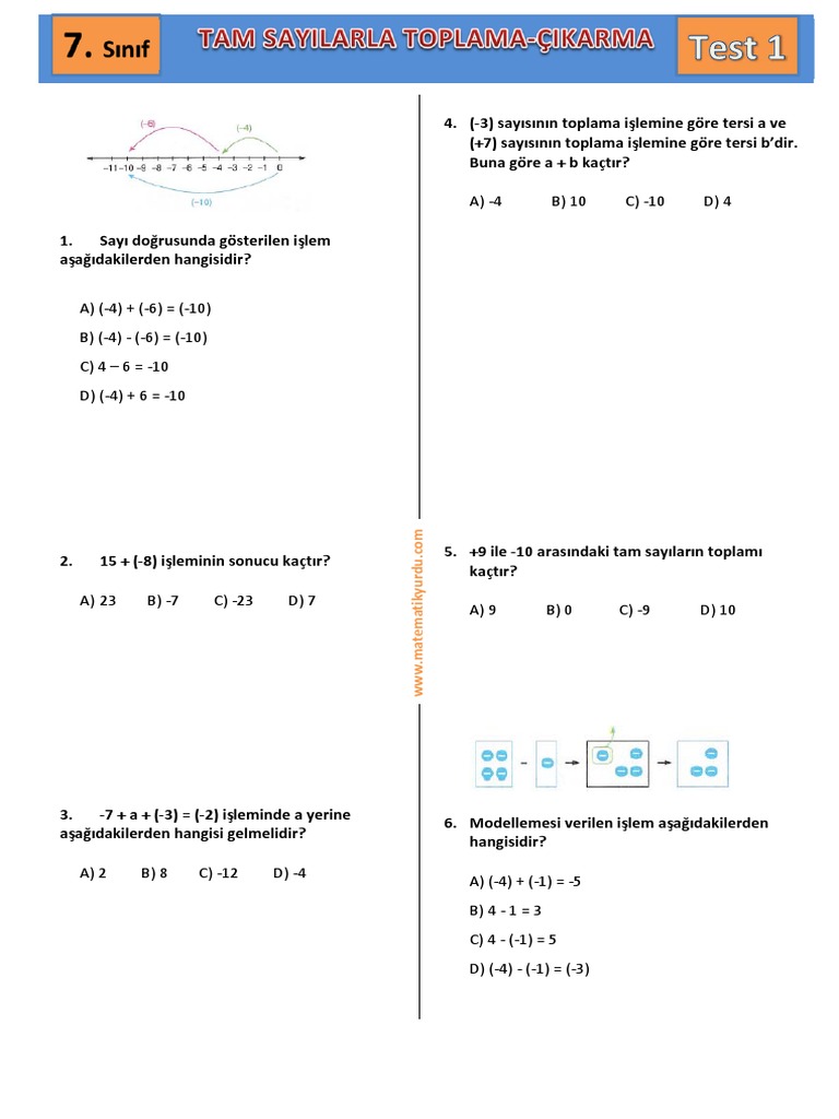 Test 1 - Tam Sayılarla Toplama-Çıkarma | PDF