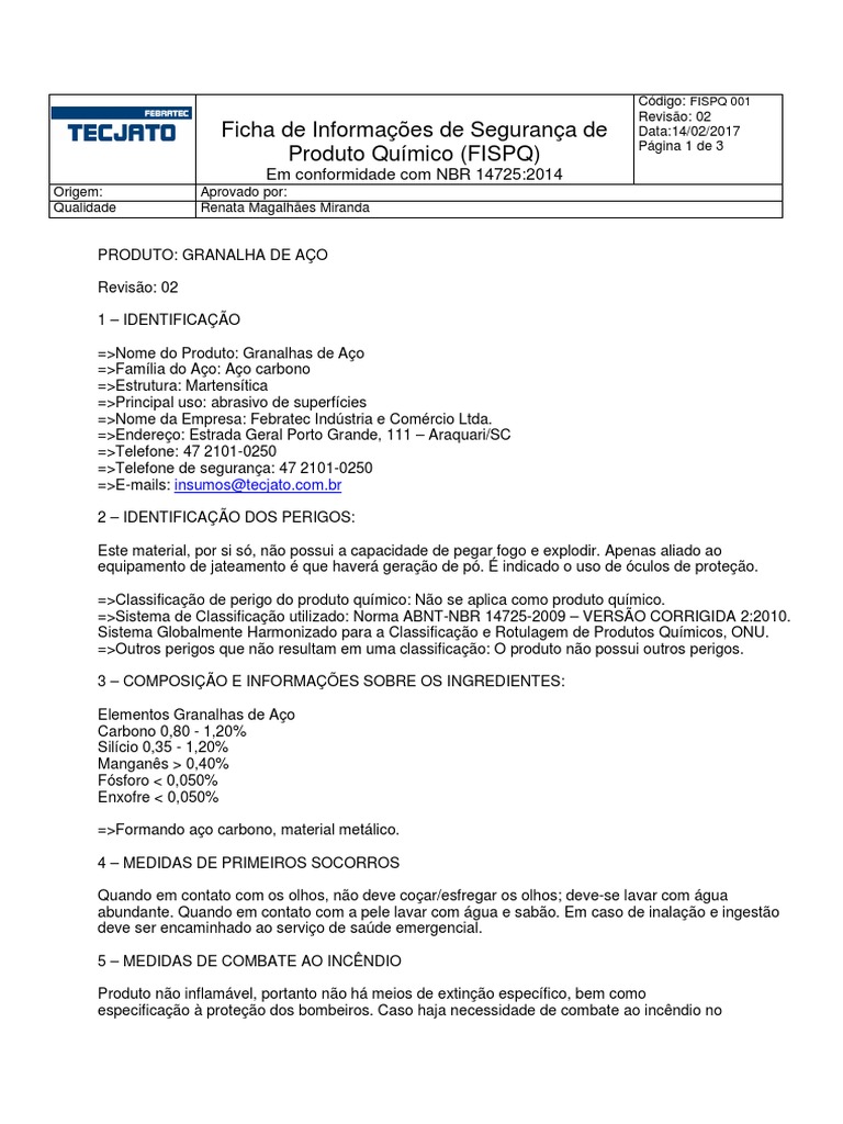 FISPQ-001 - Rev.02 - Ficha de Segurança de Produto Químico - Granalha ...