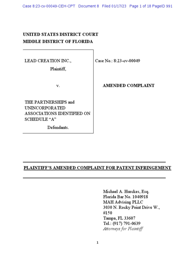 Lead Creation v. Schedule A (8:23-cv-00049) - Amended Complaint | PDF ...