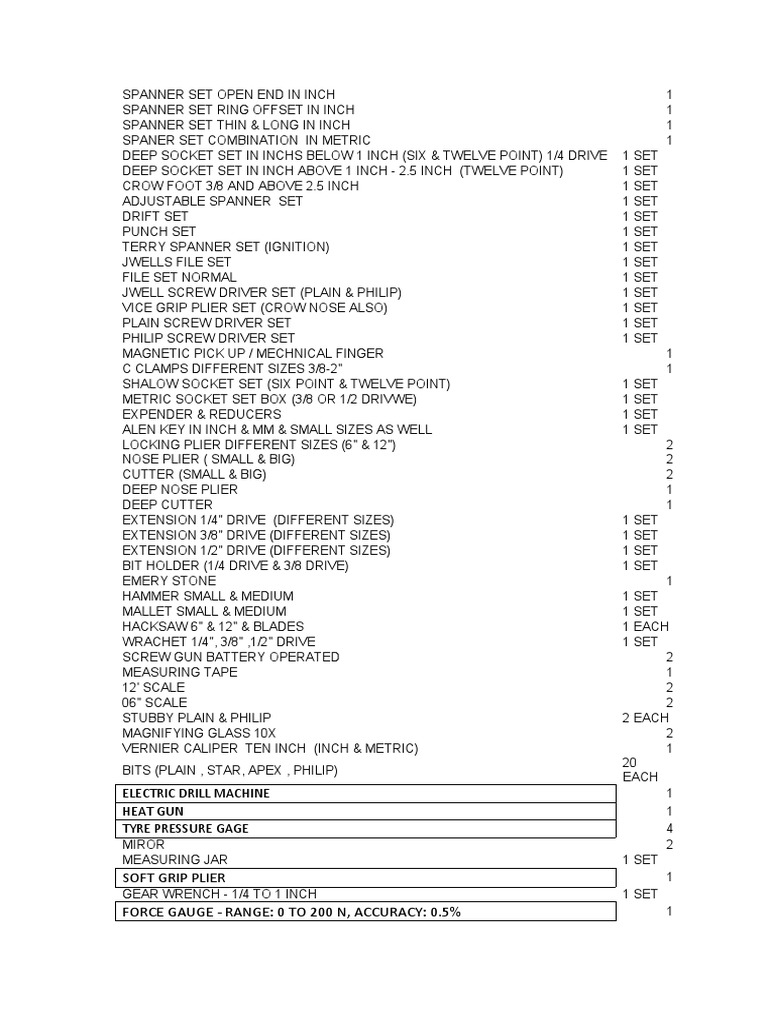 Tool List | PDF | Screw | Tools