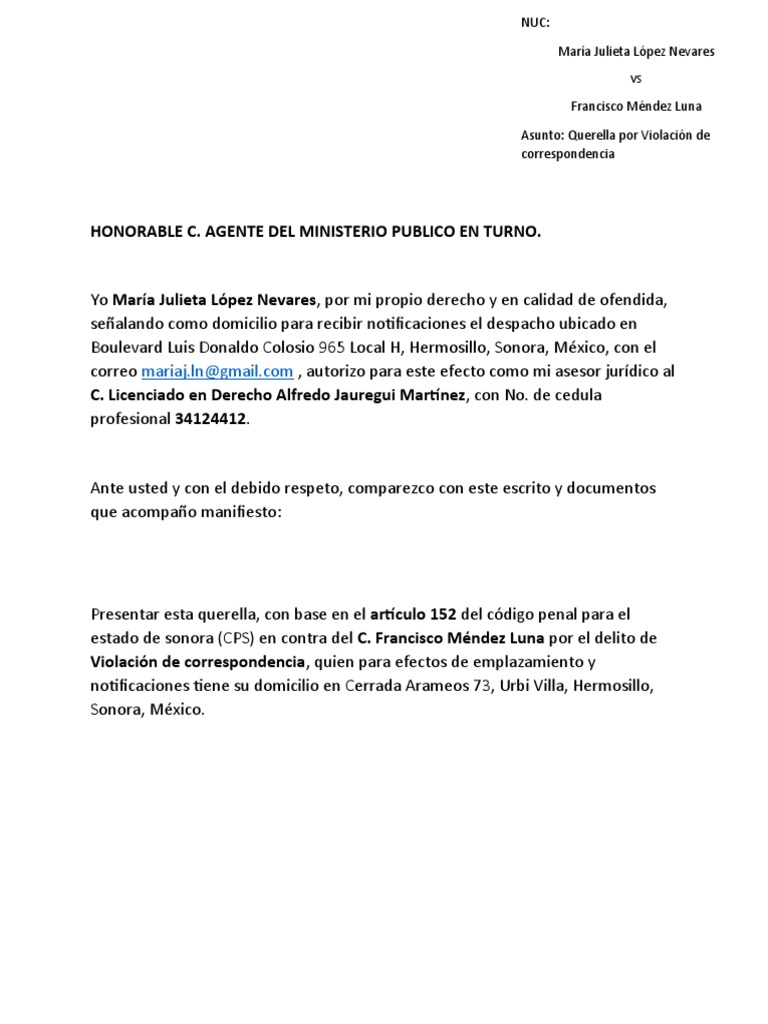 Querella de Violacion de Correspondencia | PDF | Queja | Justicia