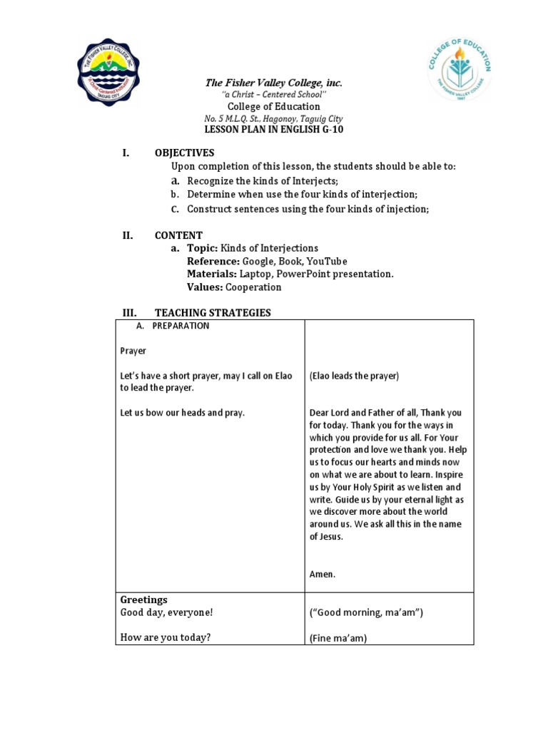 Types of Interjection Lesson Plan | PDF | Linguistics