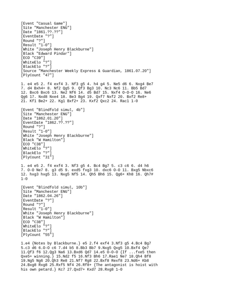 Joseph Henry Blackburne Playing The King's Gambit As White - 53 Games ...