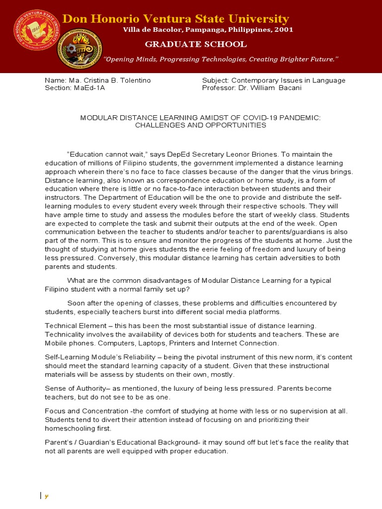 Challenges of Modular Distance Learning Amid COVID-19 | PDF | Learning ...