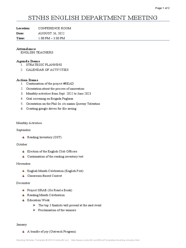 English Department Minutes of The Meeting 1 | PDF | Career & Growth ...