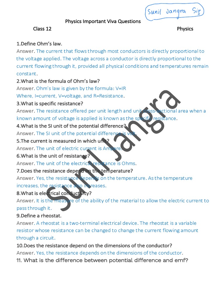 Important Viva Questions | PDF | Electrical Resistance And Conductance | Optics