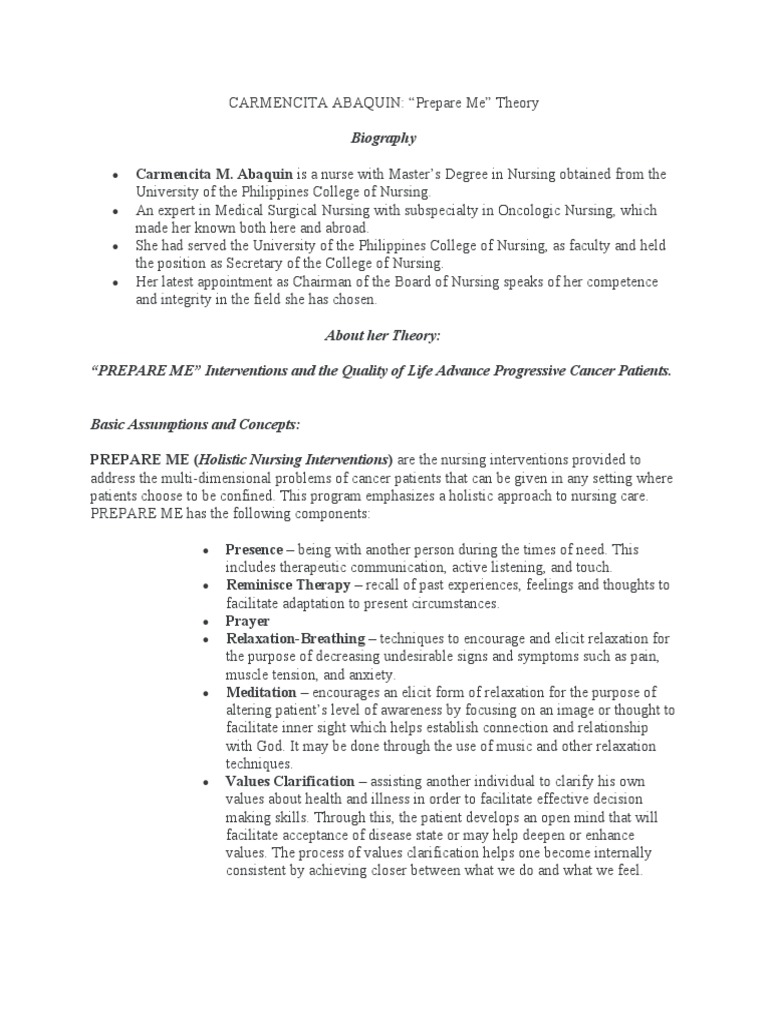 PREPARE ME Theory: Holistic Nursing Interventions to Improve Quality of ...